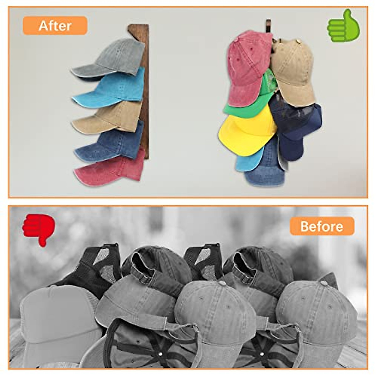 TRIRITE 3 Pack Wooden Wall Mount Baseball Caps Organizer Hanger, Wall Vertical Hat Racks for Closet Door Bedroom Entryroom Laundry