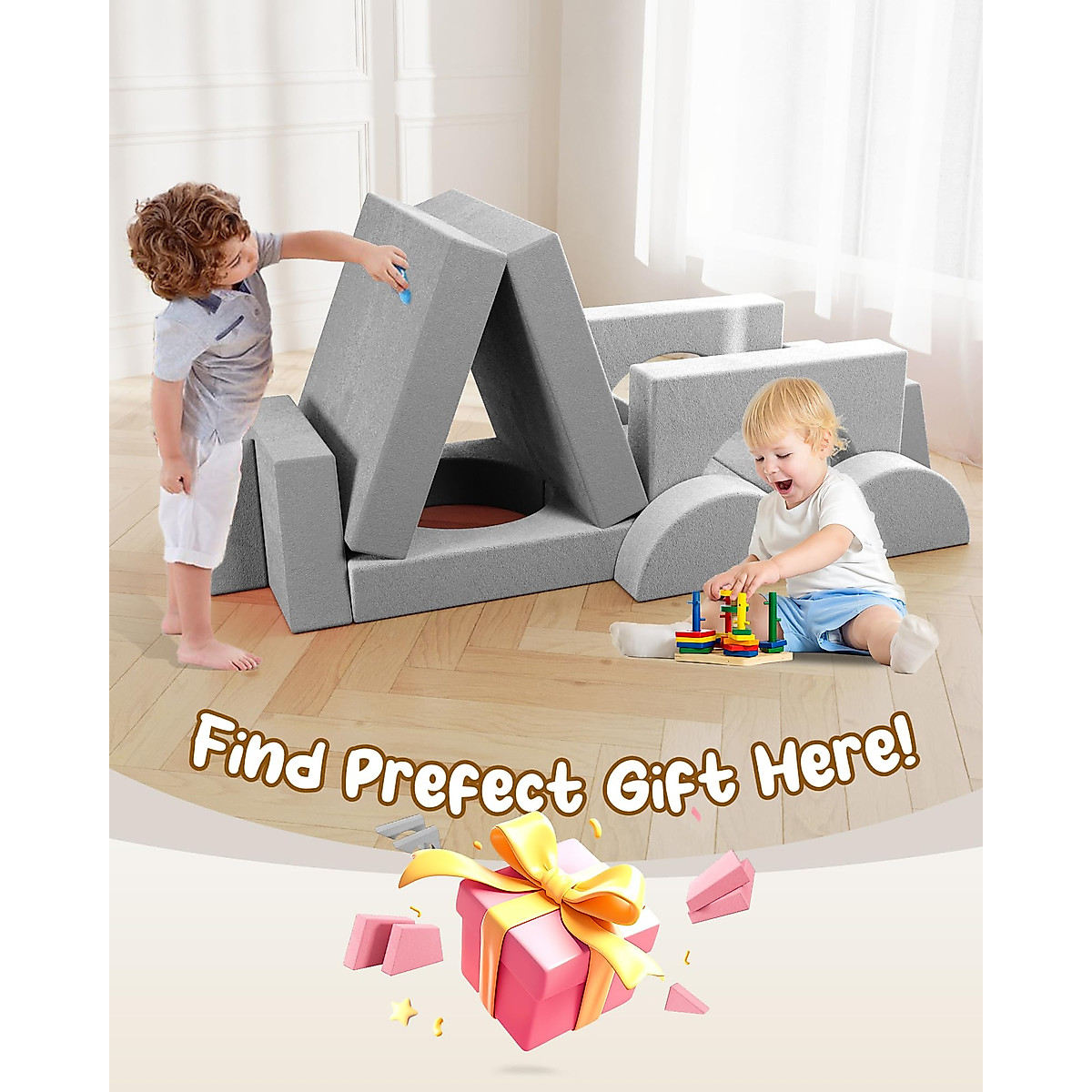 YEFU 15pcs Modular Kids Play Couch for Toddler-Cushion for Nugget Couch Kids, Convertible Kids Play Couch-Kids Sofa for Playroom and Bedroom Furniture for Toddlers, Play Couch for Boys and Girls, Grey