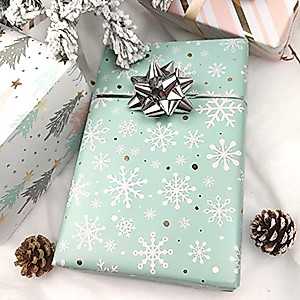 LDGOOAEL Mini Short Small Christmas Wrapping Paper Roll with Cut Lines on Reverse (17" X 120" Per Roll) - Peachy Pink & Mint Blue - Snowflakes, Reindeer for Holiday, Birthday, Wedding, Baby Shower