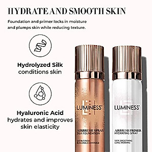 LUMINESS Silk Airbrush Spray Foundation Makeup Starter Kit- Full Coverage Foundation, Primer & Dual-Sided Buffing Brush-Buildable Coverage, Anti-Aging Formula Hydrate & Moisturize (Shade-Light Medium)