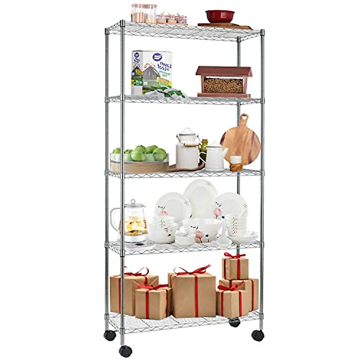 PIKAQTOP 5-Tier Storage Shelves Heavy Duty (750LBS Capacity) for Storage Kitchen Garage, Industrial Commercial-Grade Wire Rack Shelving with Wheels, Height Adjustable Organizer Rack for Pantry