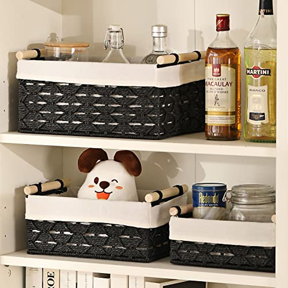 Vagusicc Wicker Baskets for Shelves, Hand-Woven Round Paper Rope Wicker Storage Basket with Cotton Liner and Wooden Handles, Woven Storage Basket for Organizing & Decor, Black, 3-Pack