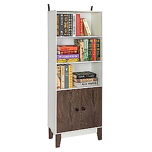 4 Tier Bookcase Storage Cabinet, 63 Inches 4 Tiers Tall Open Bookshelf with 2 Doors, Anti-toppling Device, Freestanding Wooden Storage Display Shelf for Home Office (White)