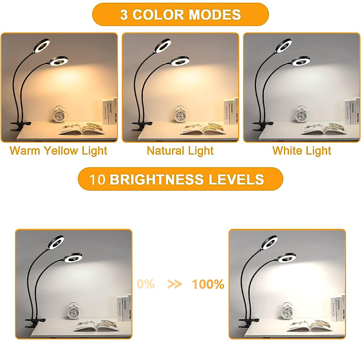 AWLYLNLL LED Desk Lamp with USB Adapter, Eye-Caring Gooseneck Ring Light, 3 Modes 10 Brightness Adjustable 10W Desk Light for Makeup Reading Bed Headboard (Metal)