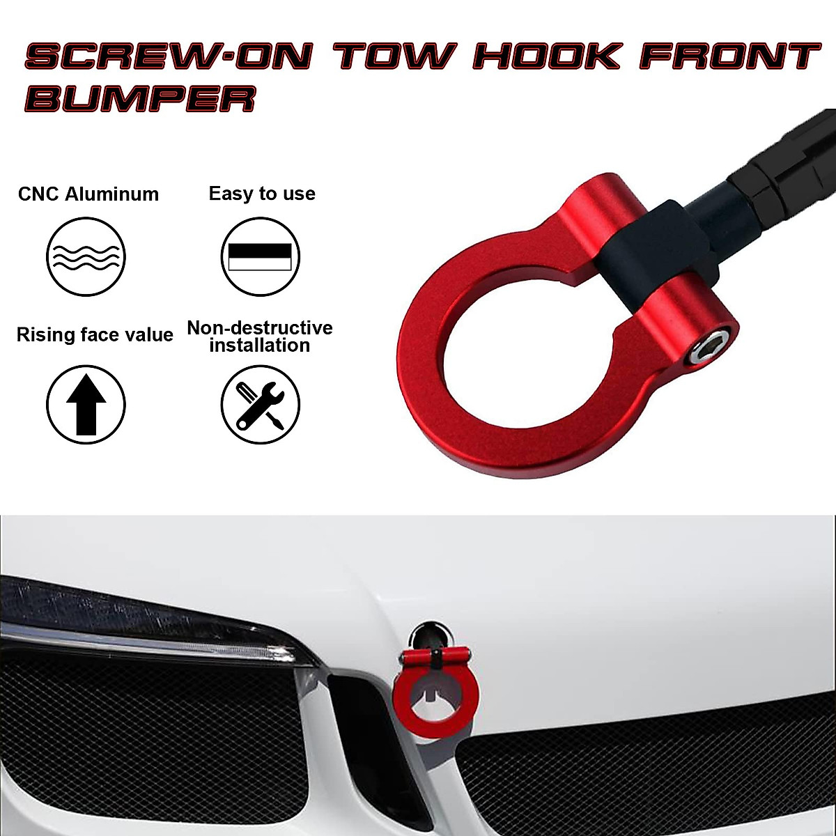 Xotic Tech Sport Track Racing Style CNC Aluminum Screw-on Tow Hook Front Bumper Compatible with Porsche Panamera, Carrera 911 991 (Red)