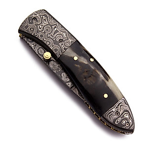 WolfKlinge Handmade Damascus Steel Pocket,FoldingKnife Bowie for Hunting,Survival,Camping,Bushcraft and Fishing -Fixed Blade Dagger with Folding Full Tang-Micarta Handle with Cowhide-Leather Sheath-DCX 21 -96