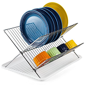Youeon Foldable Dish Drying Rack with Drainboard, Stainless Steel 2 Tier Dish Drainer Rack, Collapsible Dish Drainer, Folding Dish Rack for Kitchen Sink, Countertop, Cutlery, Plates, Dishes