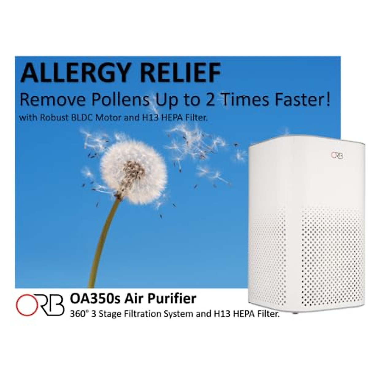 ORB Air Purifier,captures dust, pet dander, smoke, and household odors. Ideal for office, bed room, living room, auto mode, air quality sensor and indicator.