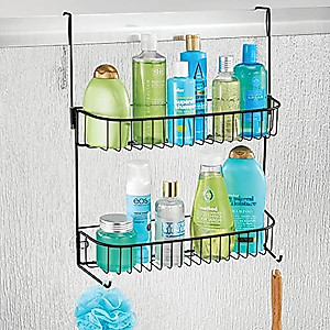 mDesign Extra Wide Metal Wire Over the Bathroom Shower Door Caddy, Hanging Storage Organizer with Built-In Hooks and Baskets on 2 Levels for Shampoo, Body Wash, Loofahs, Rust Resistant - Matte Black