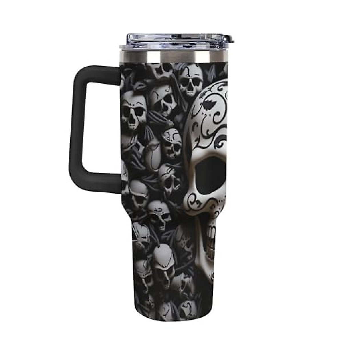 Black And White Skulls Insulated Stainless Steel Travel Mug, 40 Oz Tumbler with Handle And Straw Double-Wall Vacuum Coffee Cup, Leak-Proof Lid, Keeps Drinks Hot/Cold for Hours