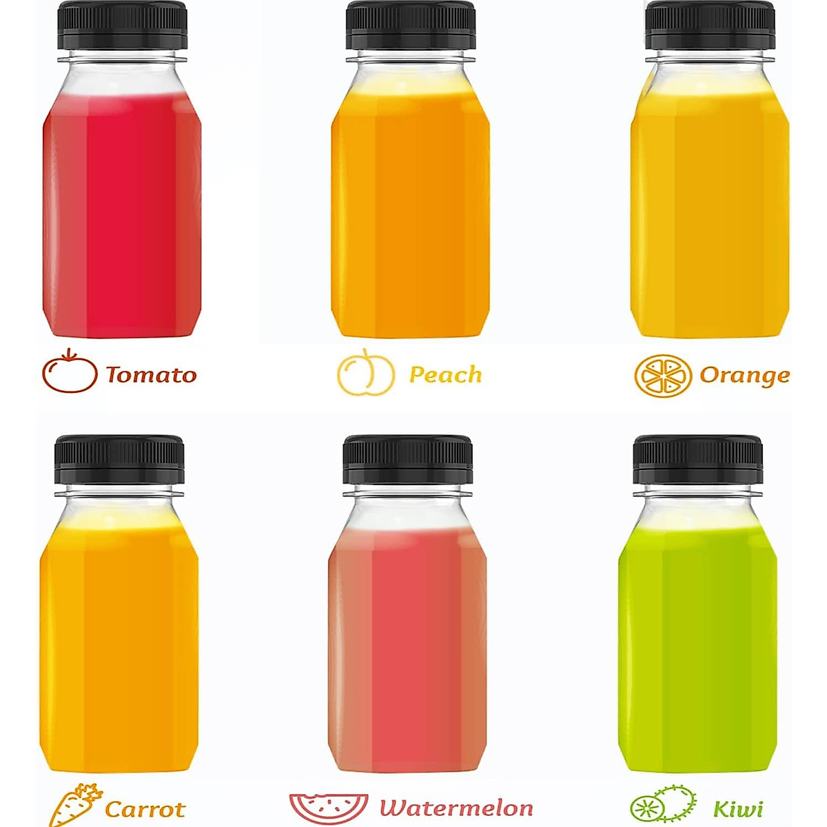 Hulless 40 Pcs 4 Ounce Plastic Juice Bottle Drink Containers Juicing Bottles with Black Tamper Proof Lids, Suitable for Juicing, Juice, Smoothies, Homemade Beverages