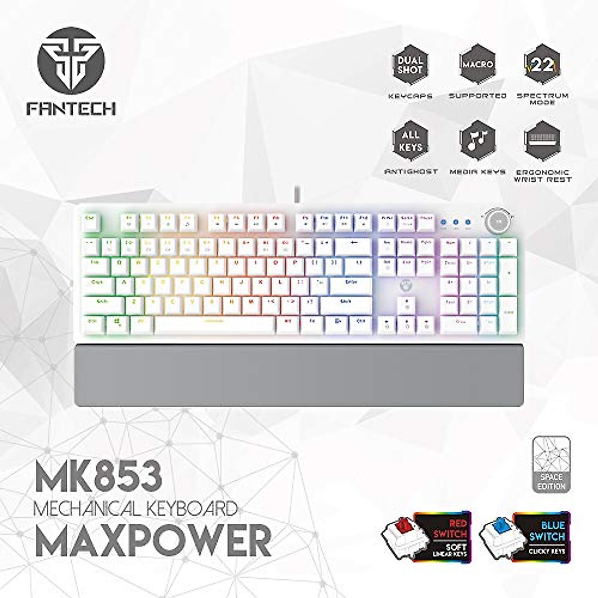FANTECH RGB Gaming Keyboard and Mouse and Mouse Pad Combo, Wired 104 Keys Mechanical Keyboard Blue Switch with Wrist Rest & 10K DPI Gaming Mouse & Gaming Mousepad 3 in-1 for PC, White