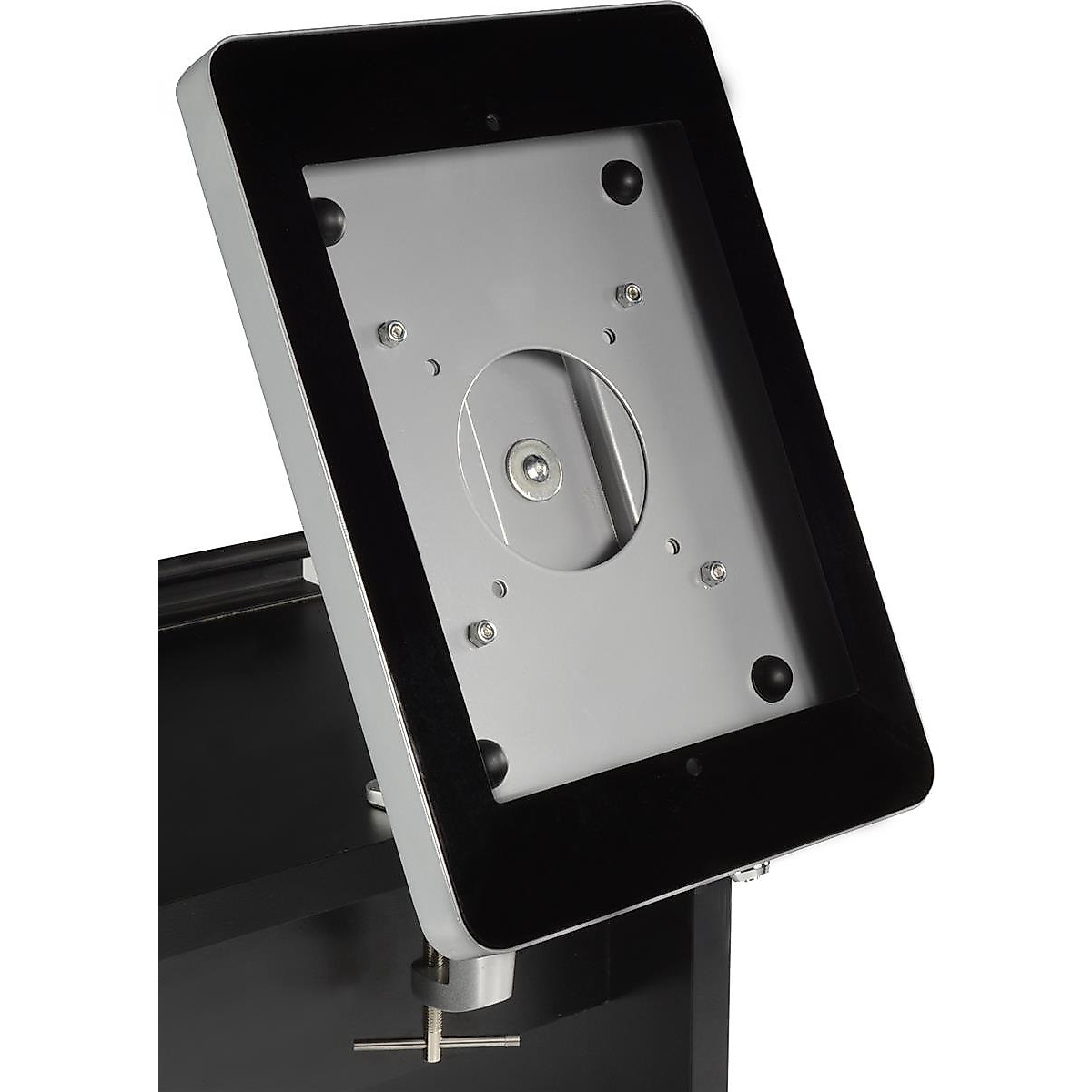 Displays2go Trade Show Display Counter with Mount for iPad – Steel, Corrugated Plastic, MDF, White, Silver Trim, Woodgrain (CTRPIPDCSL)