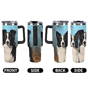 LLUTSNTH 40 Oz Vacuum Tumbler with Black Handle Leakproof Insulated Tumbler Border Collie Stainless Steel Travel Mug with Lid And Straw Coffee Cup Cute Water Bottles Cup Holder Friendly