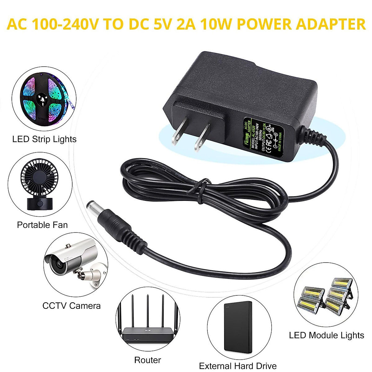 Facmogu 2 Pack DC 5V 2A Power Adapter, AC 100-240V to DC 5V 2A 10W Power Supply Transformers, 5.5 x 2.5mm DC Jack Also Compatible with 5.5x2.1mm Socket