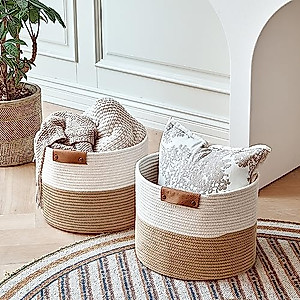 R RUNKA 2 Pack Storage Basket 14" x 11", Soft Woven Shelf Baskets for Storage with Leather Handles,Organizer Basket Set for Laundry, Toys, Books and Baby Blankets