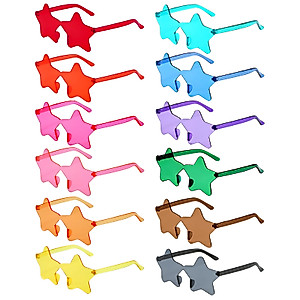Pibupibu 12 Pack Colorful Star Shaped Sunglasses Bulk, Transparent Rimless Star Glasses, Cute Pentagram Fun Party Sunglasses Set