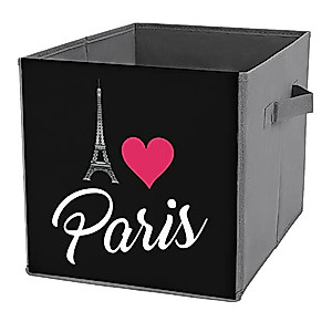 I Love Paris Foldable Storage Bins Printd Fabric Cube Baskets Boxes with Handles for Clothes Toys, 11x11x11