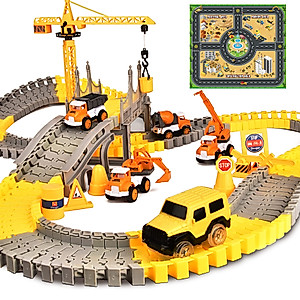 Construction Race Tracks for Kids Toys for Boys,Slot Car Race Track Sets 5 Car Toys Trucks and DIY Track,Construction Car Site Vehicles Toy Set for Ages 3 4 5 6 7 8+ Year Old Girls Boys