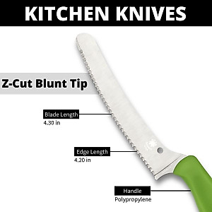 Spyderco Z-Cut Kitchen Knife with 4.3" Blunt Tip CTS BD1N Stainless Steel Blade and Durable Green Polypropylene Handle - SpyderEdge - K13SGN