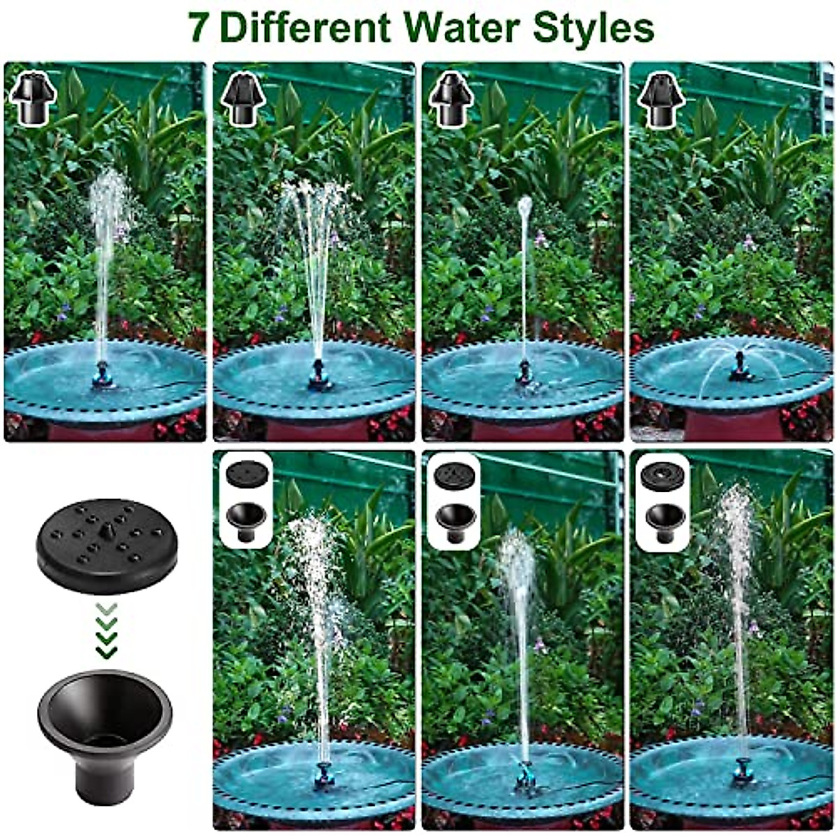 24-Hours Working Bird Bath Fountains Electric, Jutai Adjustable Quiet Water Fountain Pump with LED Lights for Garden,Small Fish Tank,Water Features - 7 Nozzles,16.4Ft Power Cord and Adapter Included
