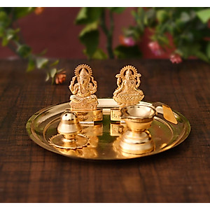 Collectible India Pooja thali Set for Aarti - Metal Laxmi Ganesh Idol Showpiece -Bhai Dooj Traditional Diya - Agarbatti Incense Stick Holders - Puja Article Spiritual Diwali Gift Items (1 Box)