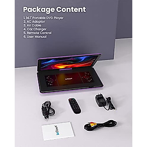𝐢𝐞𝐆𝐞𝐞𝐤 16.9'' Portable DVD Player with 14.1'' Swivel Screen, 6 Hrs Rechargeable Battery, Car DVD Player, Sync TV, Region Free, Support USB/SD Card, High Volume Speaker, Remote Control, Purple