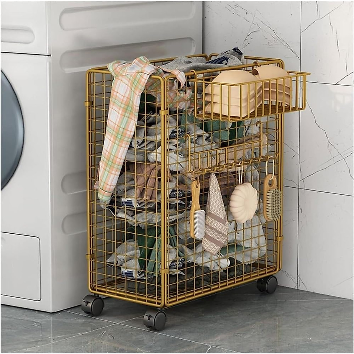MAGUZA Iron Wire Laundry Hamper, Collapsible Clothes Hamper with Hooks and Baskets, Metal Rolling Laundry Cart for Bathroom (Color : Golden, Size : 38 * 20.5 * 53cm)
