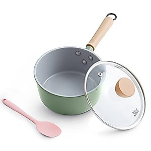 ROCKURWOK Ceramic Nonstick Sauce Pan, 2.2 Quart Cooking Pot, Small Saucepan with Lid, PTFE & PFAS-Free, Wooden Handle for Cool Touch, Universal Base(Gas, Electric & Induction), Green