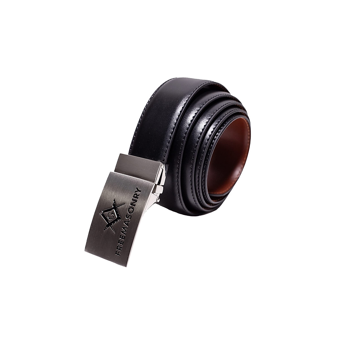 Masonic Men’s Belt - Leather Reversible Belt with Black & Tan Color Options - 2 Buckles for Every Occasion (Freemasonry Symbol & Mason Lettering) - Waist Size 42” & Under - Casual/Formal Men’s Belt