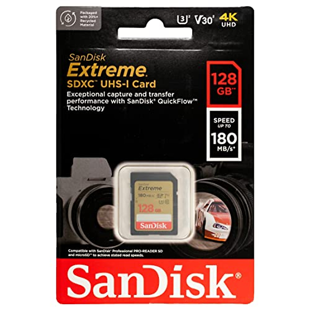 SanDisk Extreme 128GB SD Memory Card Works with Sony Alpha a7C, a6600, a6100, a6400 Mirrorless Camera (SDSDXVA-128G-GNCIN) U3 SDXC UHS-I Bundle with (1) Everything But Stromboli Micro & SD Card Reader