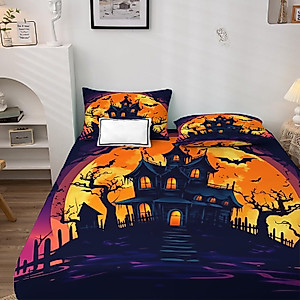 Halloween Sheets Twin Size, Castle Bat Moon Bed Sheets, Patterned Bedding Sheets & Pillowcases 3 Piece Set - Soft Microfiber Deep Pocket Fitted Sheet & Flat Sheet & Pillow Case M5-&-23