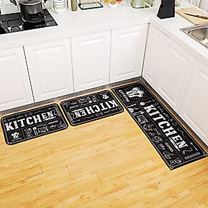 3 Pcs Kitchen Rug Set Non Skid Thick Black Kitchen Rugs and Mats Stain Resistant Anti Fatigue Mats for Kitchen Microfiber Floor Non Slip Backing Mat, 15.7" x 47.2", 15.7" x 23.6" (Kitchen Style)