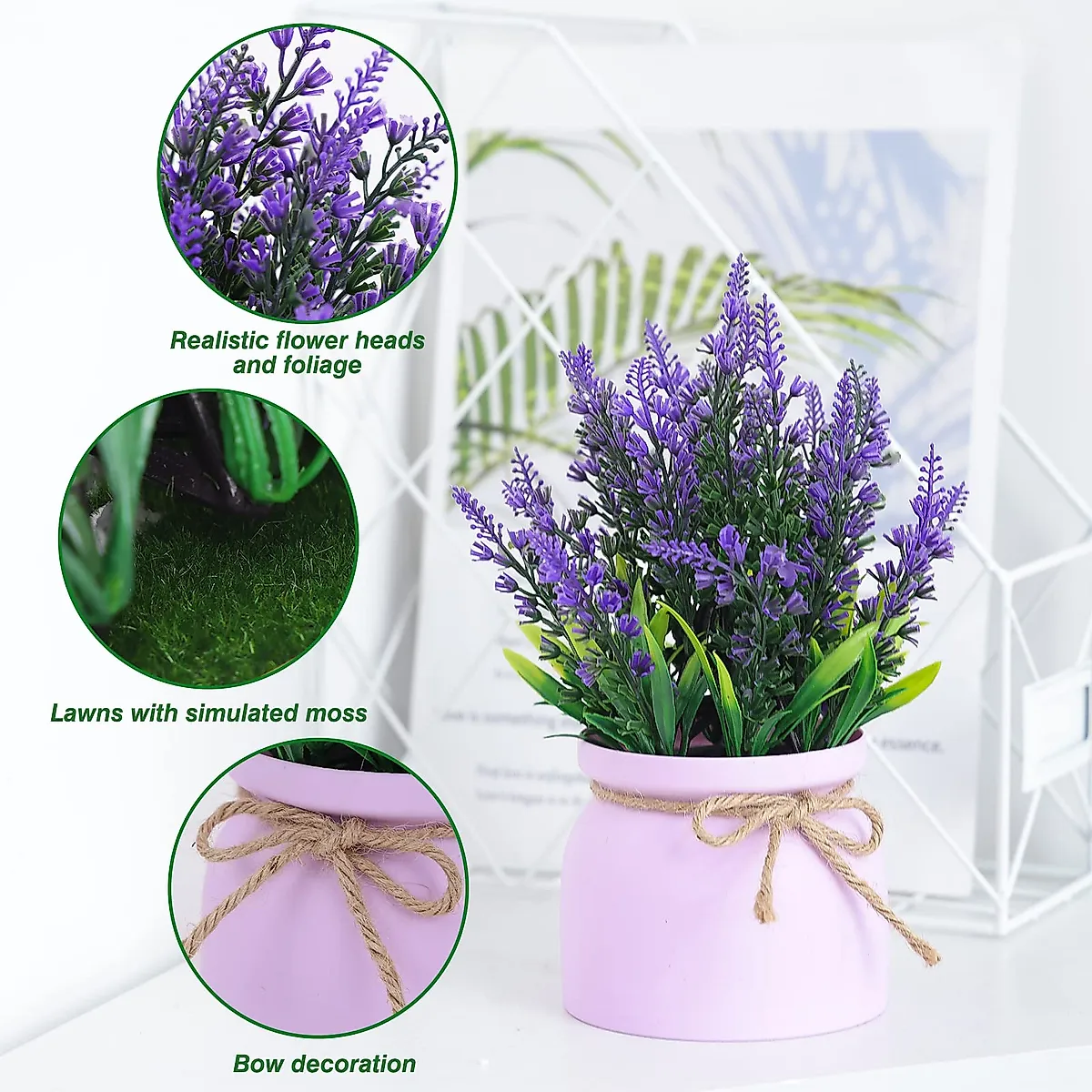 CEWOR Small Artificial Plants, 3 Pack Fake Potted Plants, Small Flowers Artificial Lavender Eucalyptus Boxwood in Plastic Macaron Pots for Home Decor Indoor Outdoor