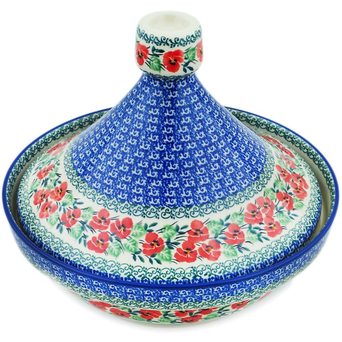 Authentic Polish Pottery Tagine Pot in Red Pansy Design Handmade in Bolesławiec Poland by Ceramika Artystyczna + Certificate of Authenticity