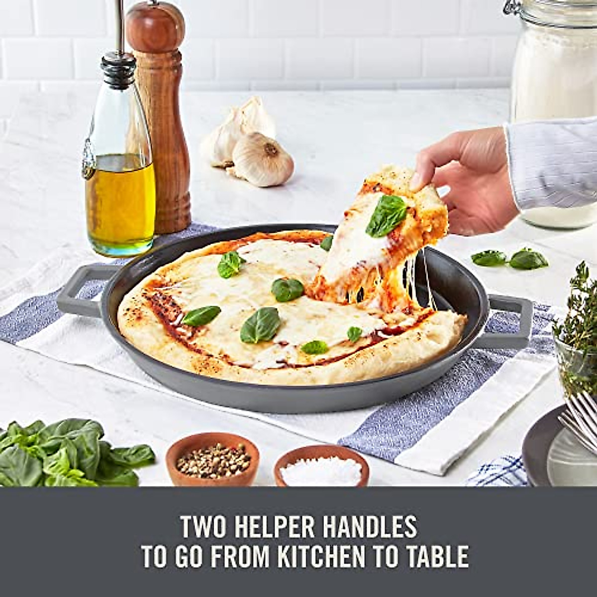 Zakarian by Dash 13 Inch Nonstick Cast Iron Dual Handle Pan, Titanium Ceramic Coated Frying Pan, Grey