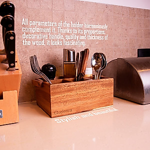 Qualerica Acacia Silverware Caddy with Handle, Rustic Utensil Holder with Handle for Farmhouse Kitchen Decor, Mulip-pose Organizer for Kitchen, Bathroom, Office, Bedroom (Four Compartments)