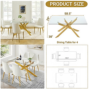 Edwin's Choice 58.5” Rectangle Glass Dining Table, Tempered Glass Table Top and Metal Tubular Legs, Modern Style Table for Home, Kitchen, Dining Room 58.5”Lx29”Wx30”H, Gold (Table Only)