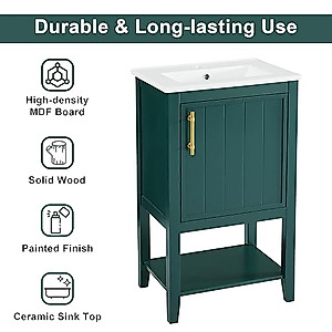 20 Inch Bathroom Vanity with Ceramic Sink, Small Single Sink Vanity Combo with Storage Rack and Open Shelf, Modern Bathroom Cabinet with Sink and Soft Closing Door, Green