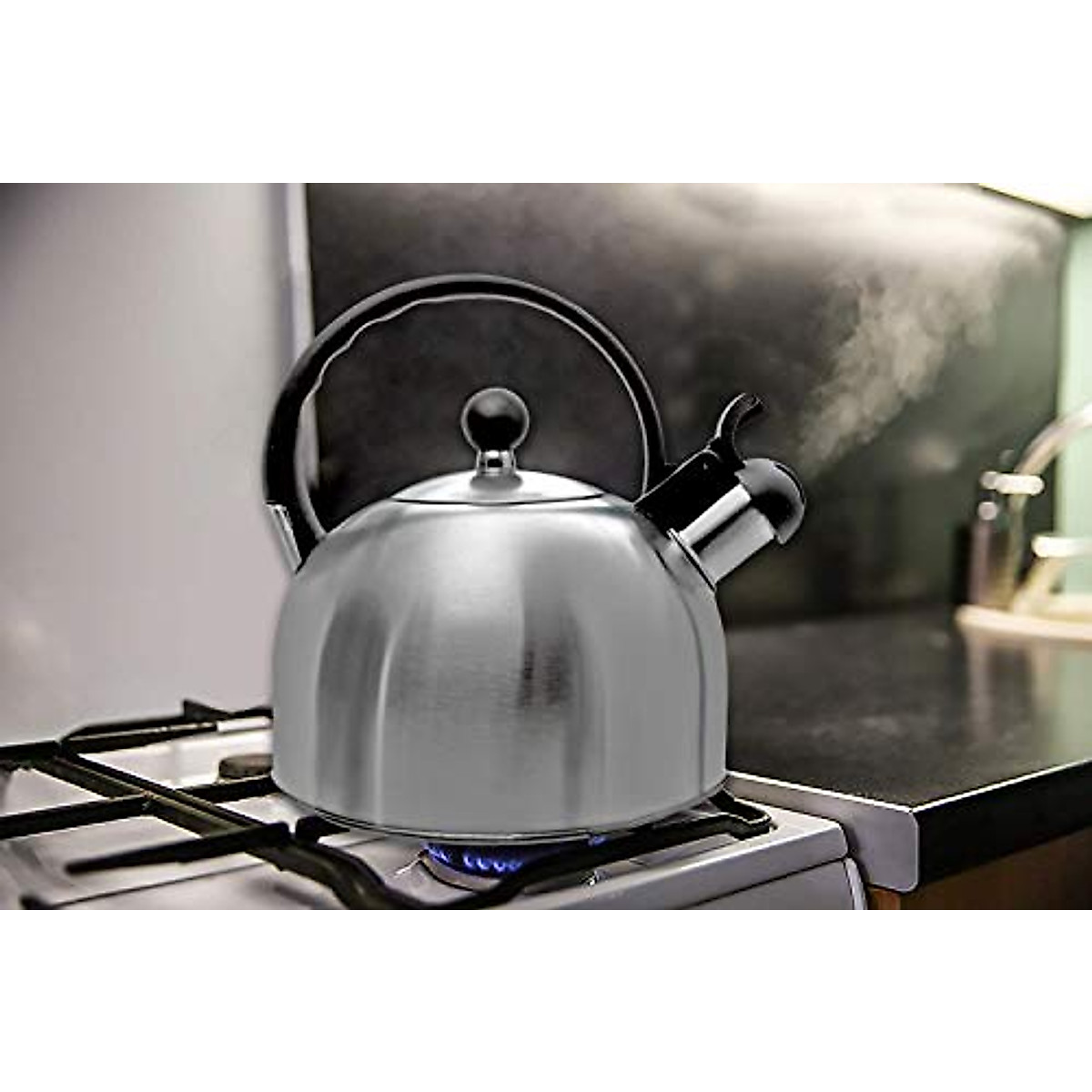 2.5 Liter Whistling Tea Kettle - Modern Stainless Steel Whistling Tea Pot for Stovetop with Cool Grip Ergonomic Handle (Stainless Steel)
