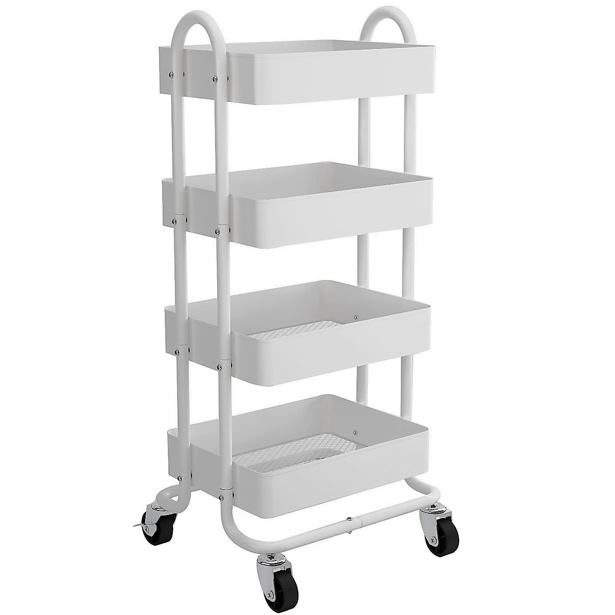 MIOCASA 4-Tier Metal Utility Rolling Cart, Heavy Duty Multifunction Cart with Lockable Casters, Easy to Assemble, Suitable for Office, Bathroom, Kitchen, Garden (White)