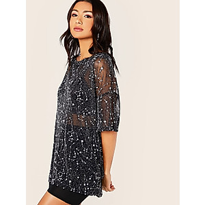 MakeMeChic Women's Summer Short Sleeve Tops See Through Mesh Sheer Sexy T Shirt Blouse Black Galaxy M