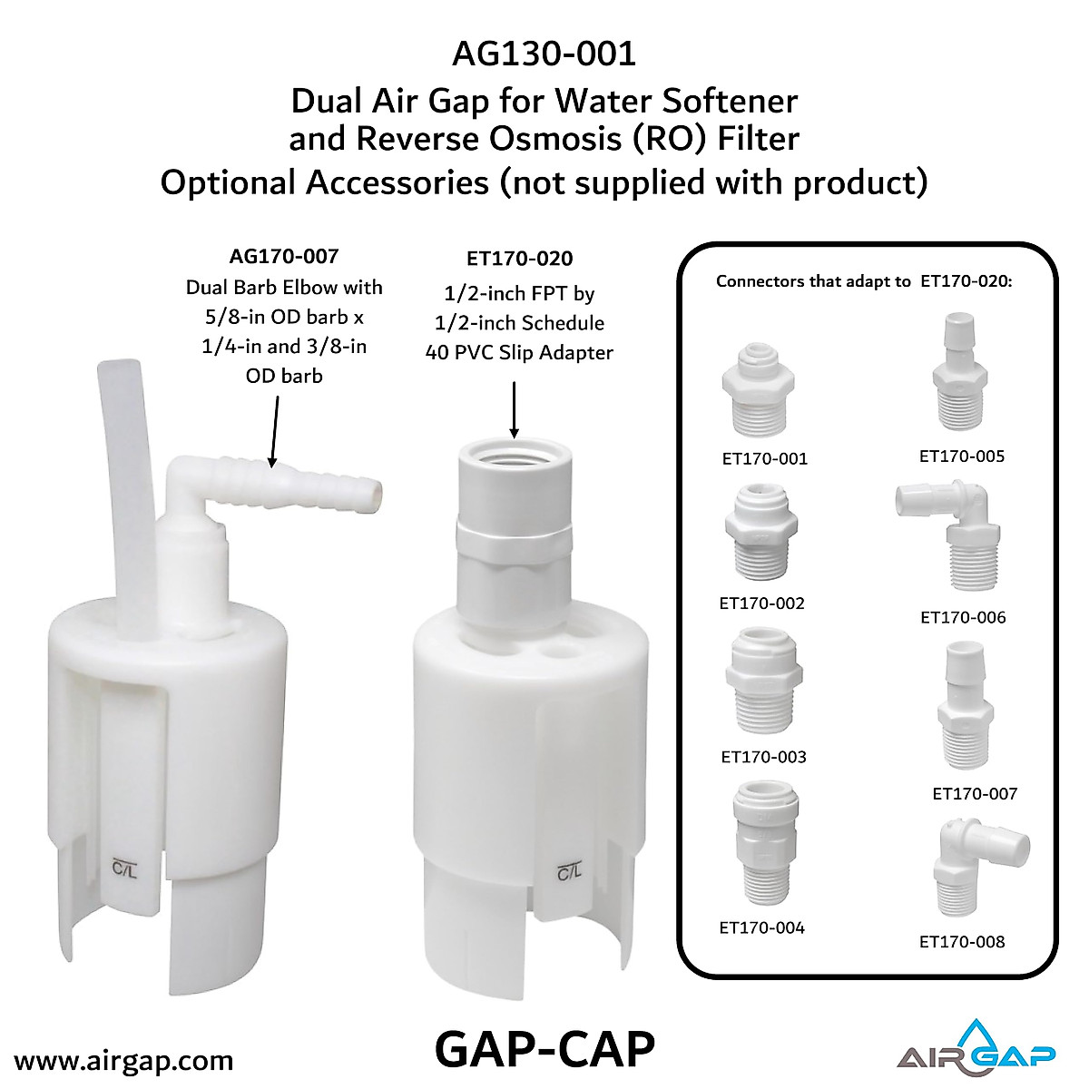 Dual Air Gap for Water Softener and Reverse Osmosis with 5/8 or 1/2-inch and 3/8 or 1/4-inch inlets, 1-1/2 or 2-inch Standpipe (8500, GAP-CAP, AG130-001)