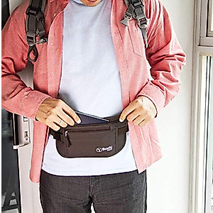 Boxiki Travel Money Belt - RFID Blocking Money Belt and Safe Waist Bag, Secure Fanny Pack for Men and Women, Fits Passport, Wallet, Phone and Personal Items. Running Belt, Waist Pack (Brown)