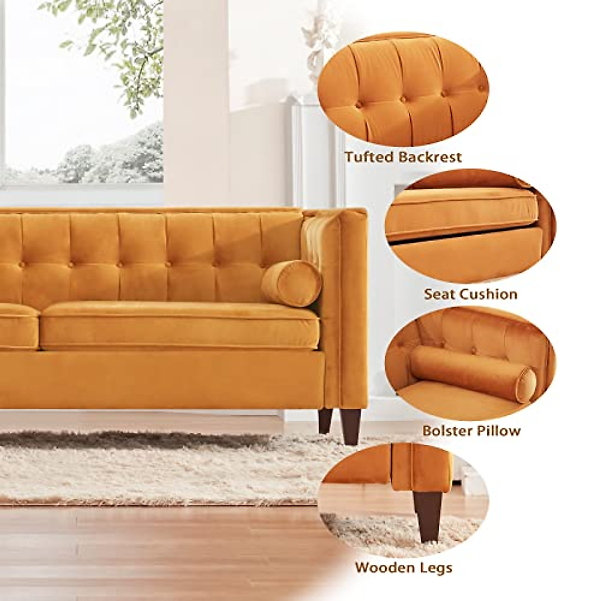 Dreamsir 78'' W Velvet Sofa, Mid-Century Love Seats Sofa Furniture with Bolster Pillows, Button Tufted Couch for Living Room, Tool-Free Assembly (Sofa, Ginger)