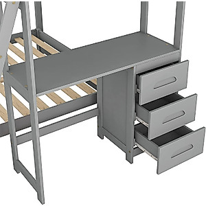 Bunk Beds Twin Over Full Size with Built-in Desk and Three Drawers, Wooden Storage Bunk Beds with Removable Bottom Bed ,Bunk Beds with Ladder & Guardrails for Kids Girls Boys ,Grey