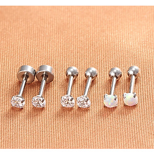 Yaalozei 18G Cartilage Tragus Helix Earrings Piercing Jewelry for Women 18 Gauge Stainless Surgical Steel Screw Flat Back Cartilage Earrings Silver Opal Conch Lobe Earrings Stud Piercing Jewelry Men