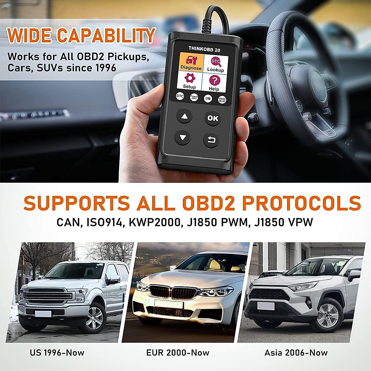 THINKCAR Thinkobd20 Automotive Code Reader, OBD2 Scanner, Check Engine Light, Emissions Scanner, Live Data Stream, Smog Check, Universal for All OBD II Protocol Cars After 1996 [Elite Version]