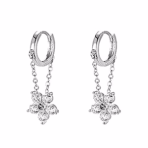 Reffeer 925 Sterling Silver Flower Chain Drop Earrings Hoop for Women Teens Girls Huggie Hoop Dangle Earrings Chain (A-Silver)