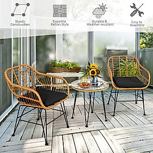 DORTALA 3 Pieces Patio Conversation Set, Rattan Leisure Chairs & Round Glass Tea Table Set, Indoor Outdoor Wicker Bistro Furniture Set with Cushions for Balcony, Poolside (Black)